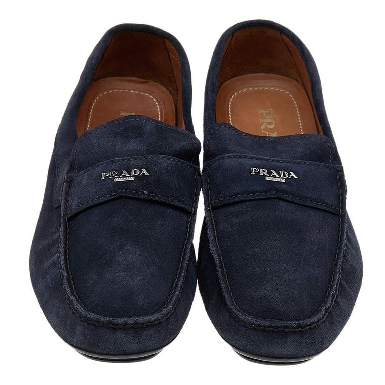 Prada Navy Blue Suede Slip On Loafers Size 43.5 For Sale at 1stDibs