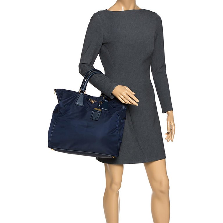 Prada Navy Blue Tessuto and Saffiano Leather Tote at 1stDibs