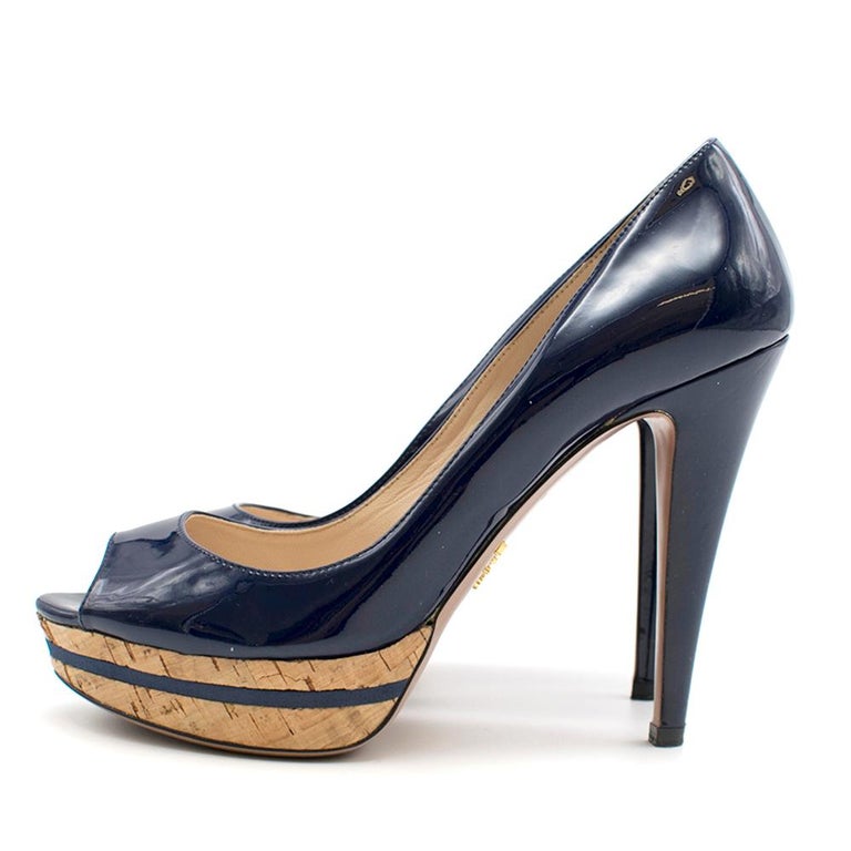 Prada Navy Patent Leather Open-Toe Platform Pumps size 38 For Sale at ...
