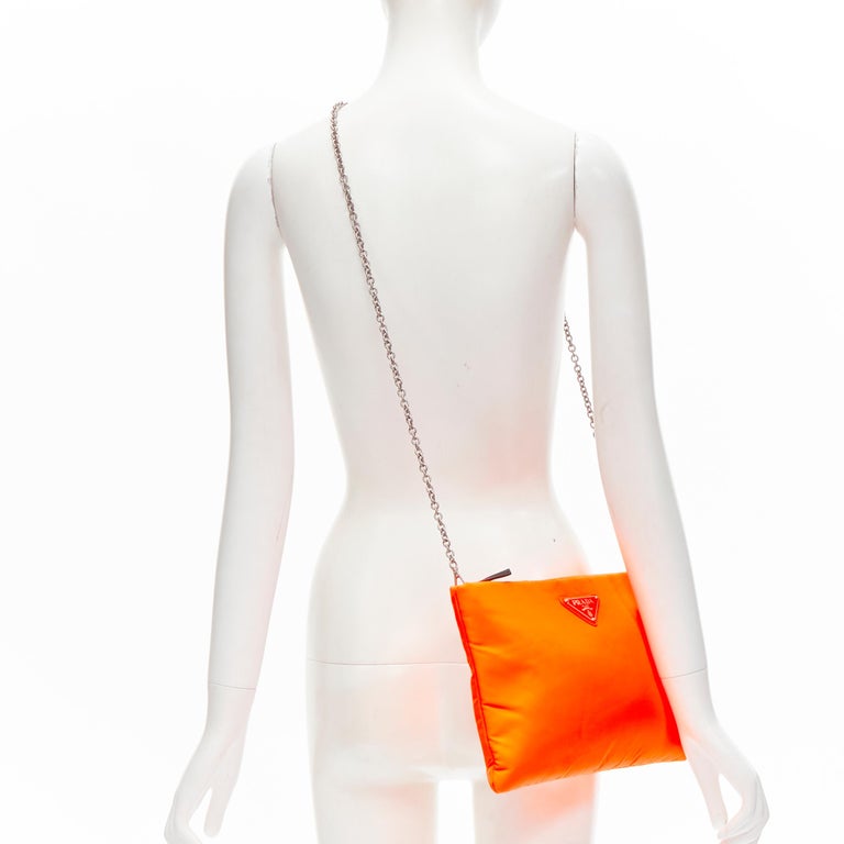 PRADA neon orange Vitello nylon triangle logo chain crossbody clutch ...