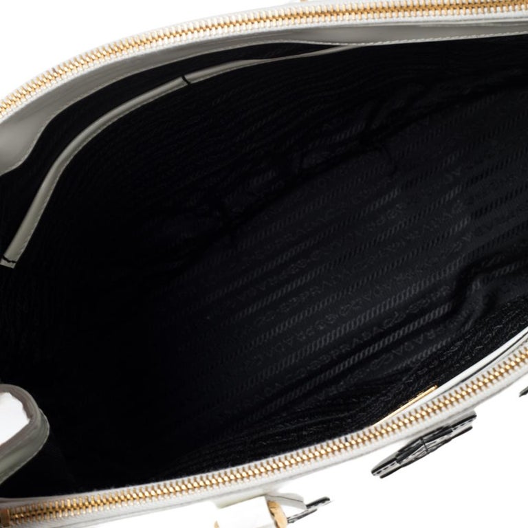 Prada Off White Floral Applique Patent Leather Medium Double Zip Tote ...