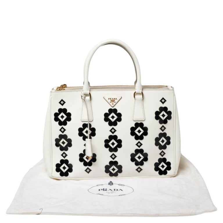 Prada Off White Floral Applique Patent Leather Medium Double Zip Tote ...