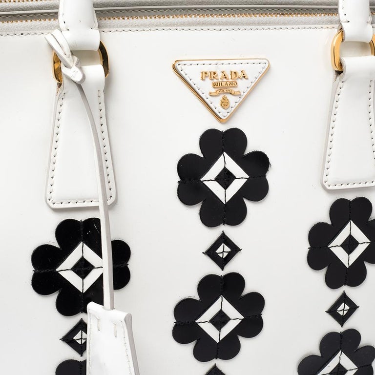 Prada Off White Floral Applique Patent Leather Medium Double Zip Tote ...