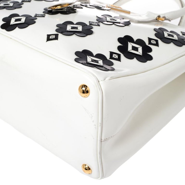 Prada Off White Floral Applique Patent Leather Medium Double Zip Tote ...