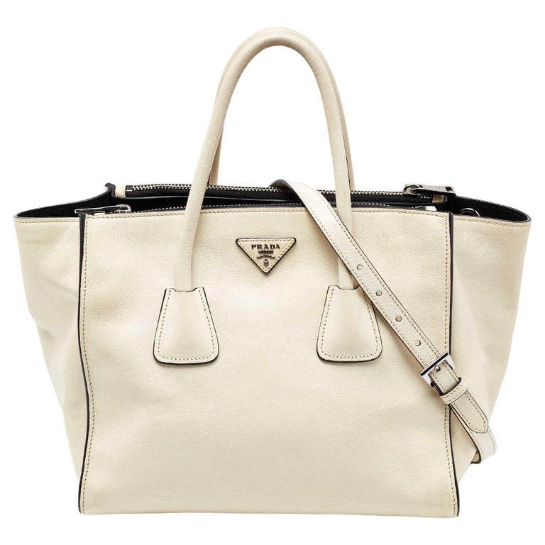 Prada Off White Leather Twin Pocket Tote For Sale at 1stDibs