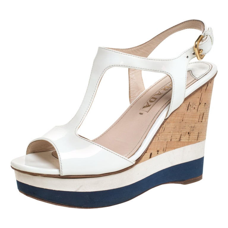 Prada Off White Patent Leather T-Strap Cork Wedge Platform Sandals Size ...