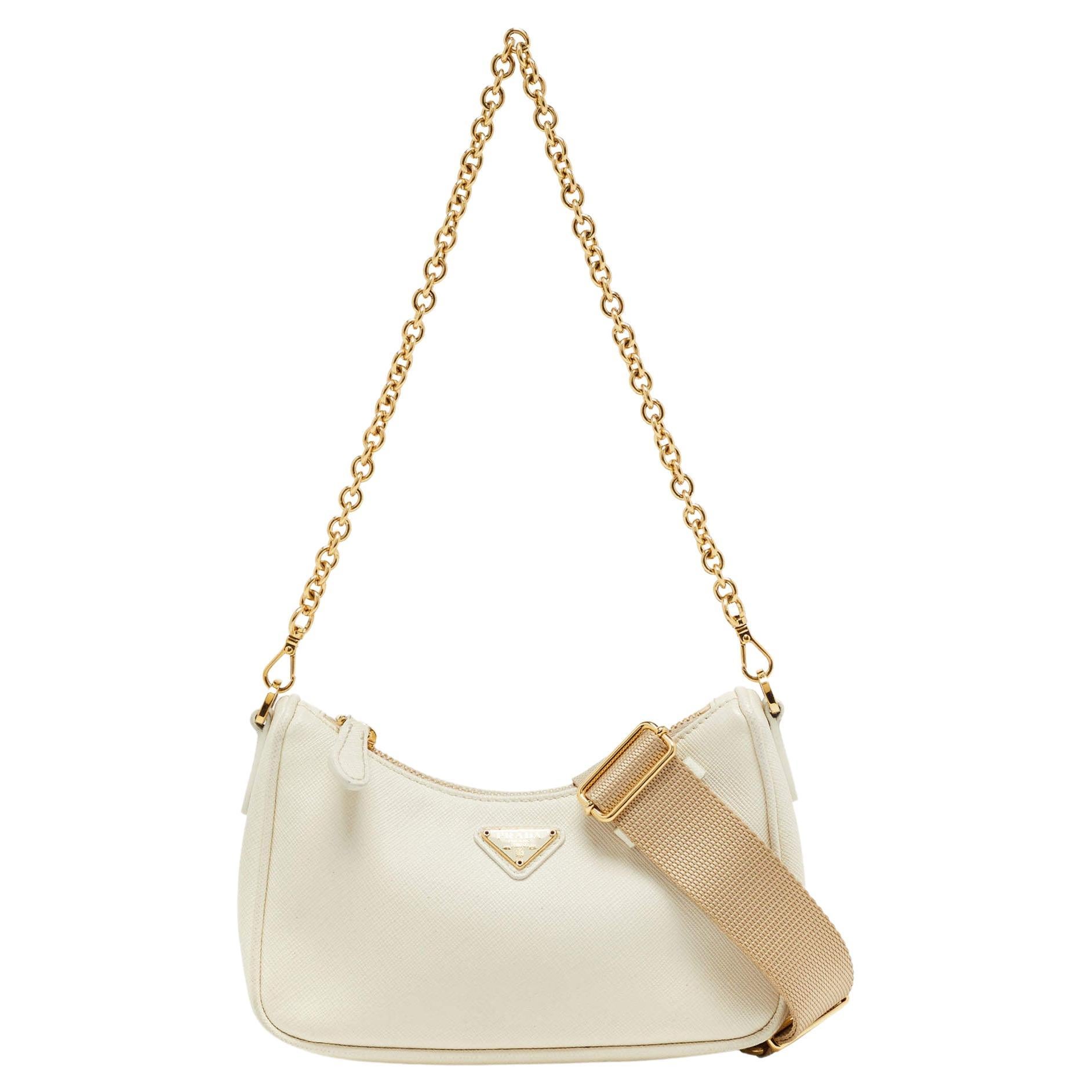 Prada Off White Saffiano Lux Leather Mini Pochette Bag For Sale at 1stDibs
