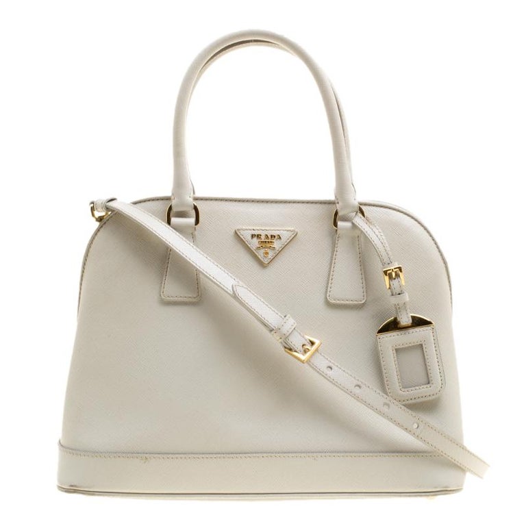 Prada Off White Saffiano Lux Leather Promenade Tote For Sale at 1stDibs