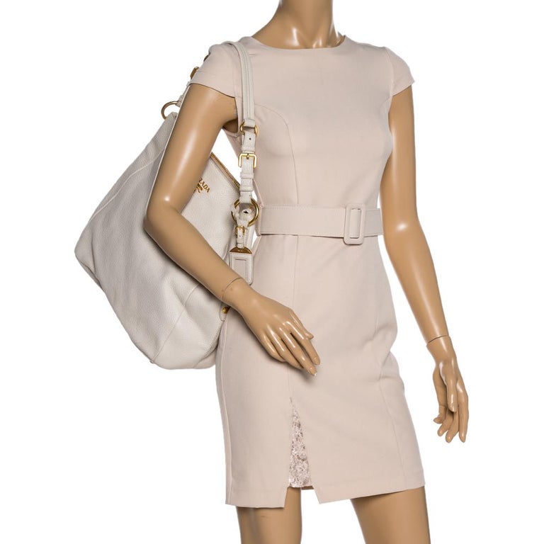 Prada Off White Vitello Daino Leather Zip Hobo at 1stDibs