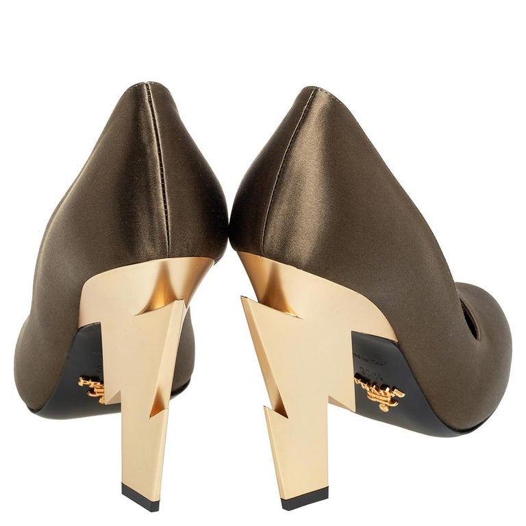 Prada Olive Green Satin Lightning Bolt Heel Pumps Size 37.5 at 1stDibs