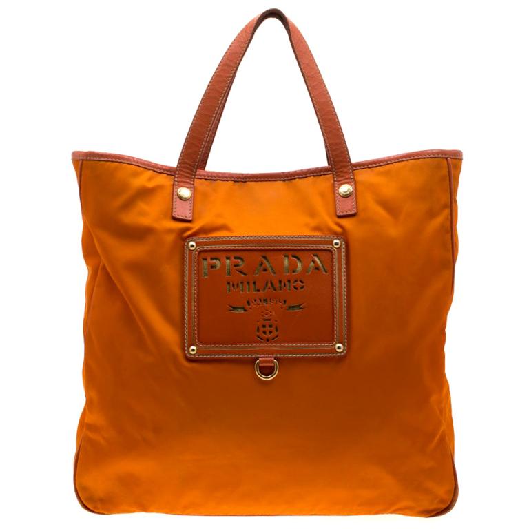 Prada Orange Nylon and Leather Lasercut Logo Tote at 1stDibs
