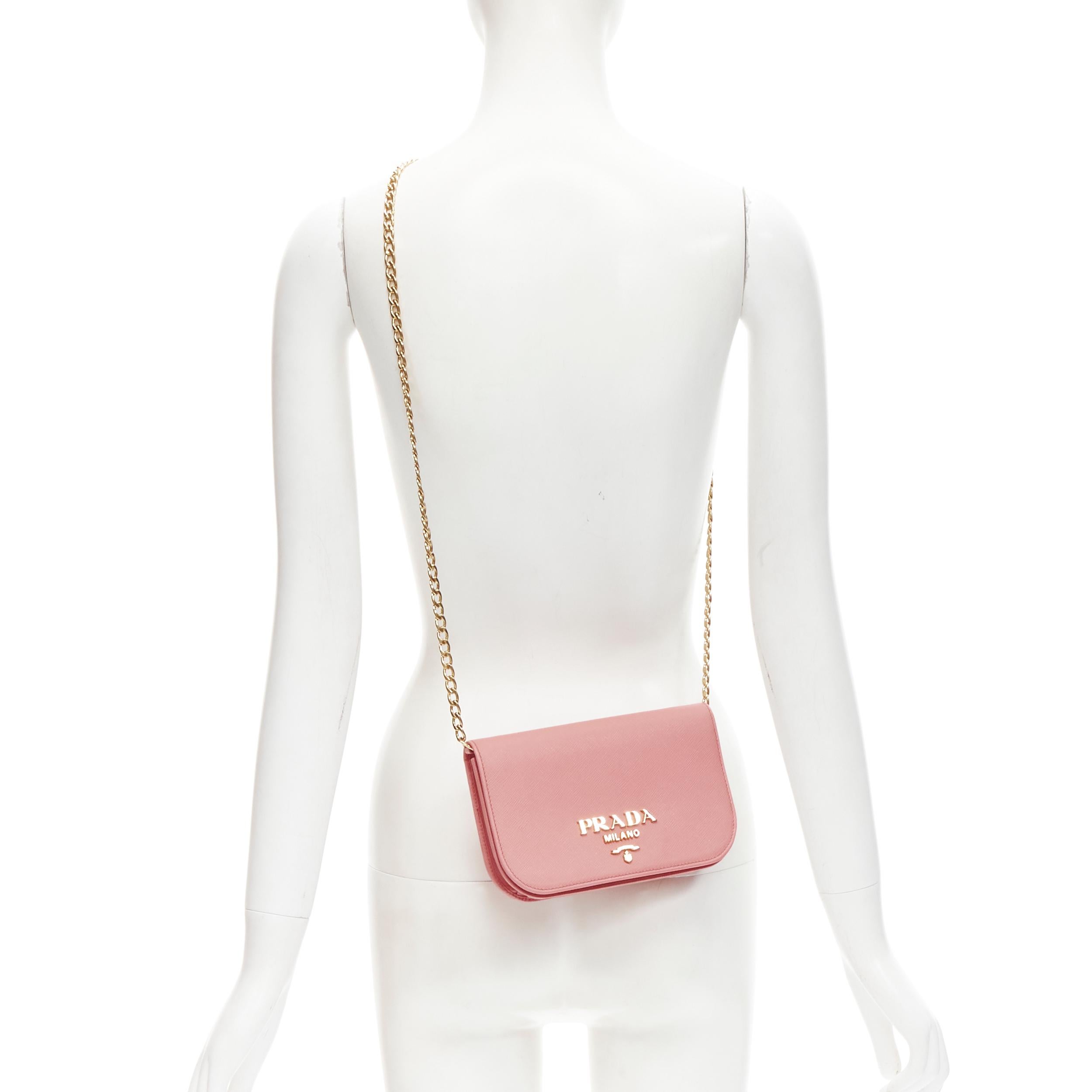 PRADA Petalo pink Saffiano leather XL gold logo crossbody chain flap ...