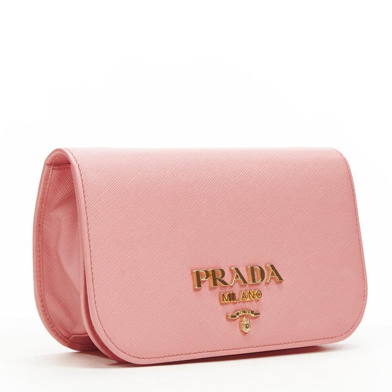 PRADA Petalo pink Saffiano leather XL gold logo crossbody chain flap ...
