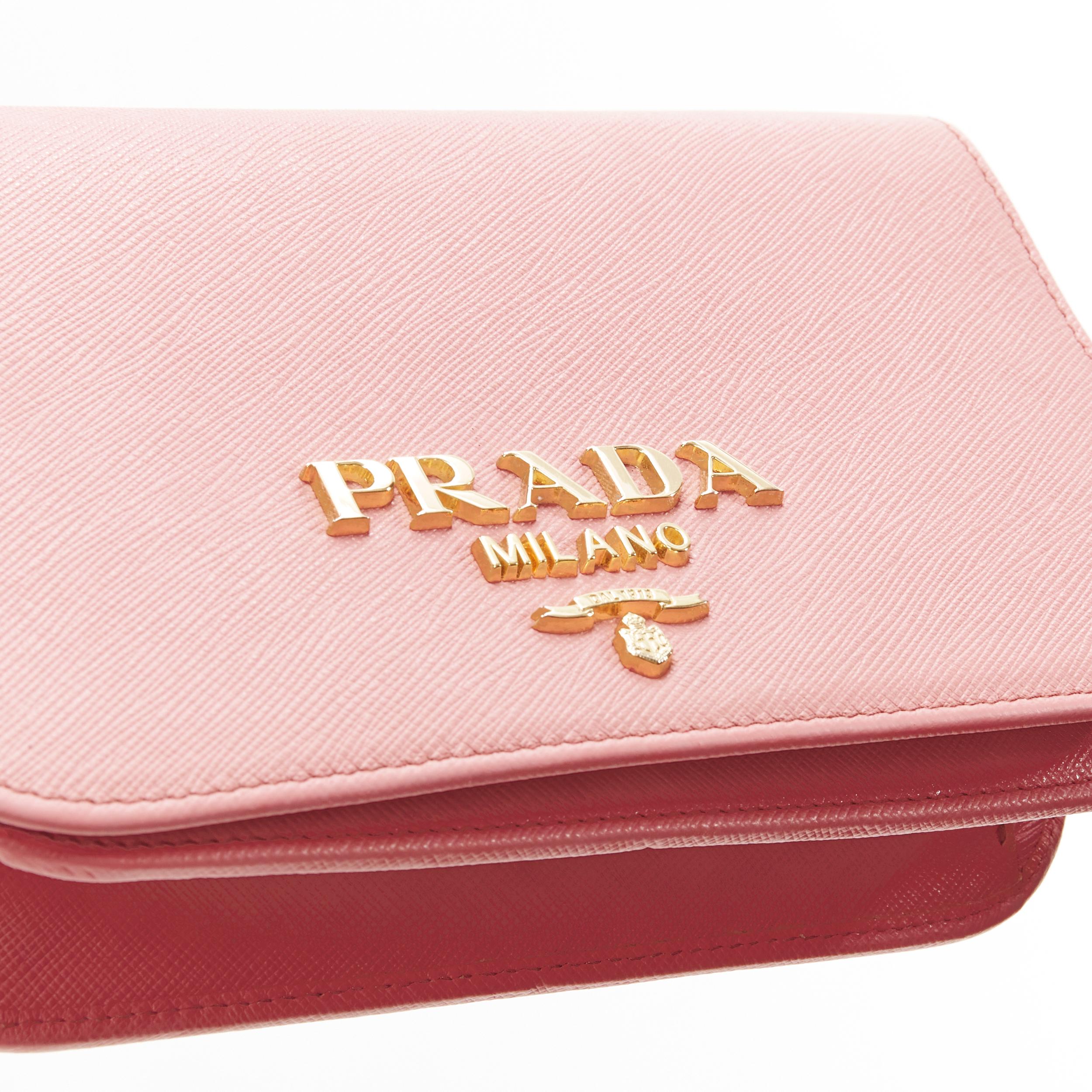PRADA Petalo pink Saffiano leather XL gold logo crossbody chain flap ...