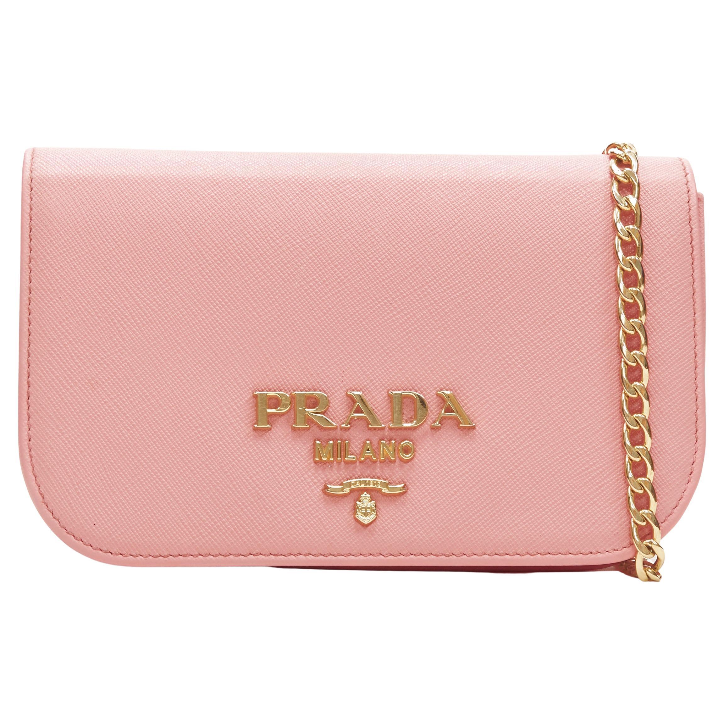 PRADA Petalo pink Saffiano leather XL gold logo crossbody chain flap ...