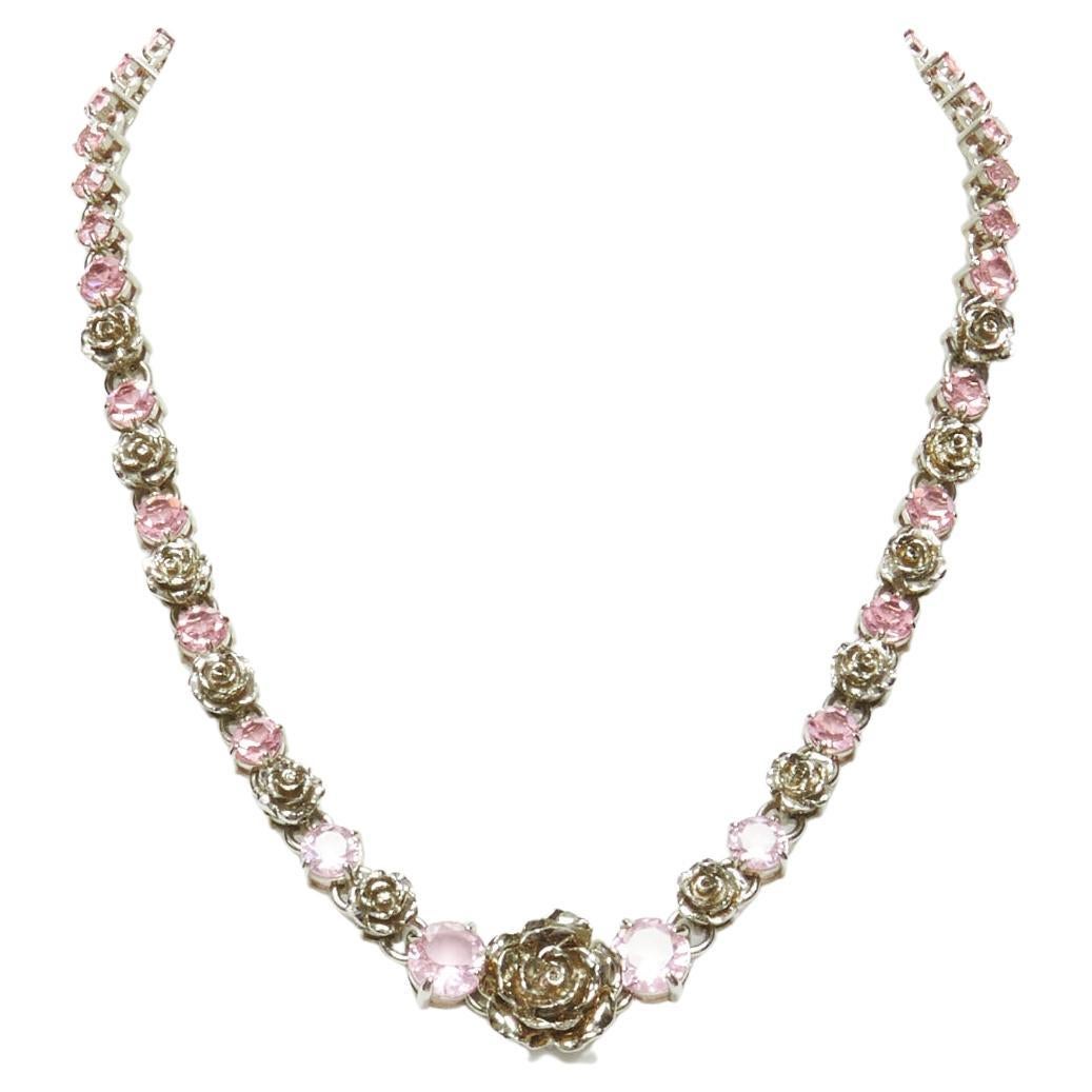 PRADA pink faux kunzite rhinestone silver rose chain cocktail necklace ...