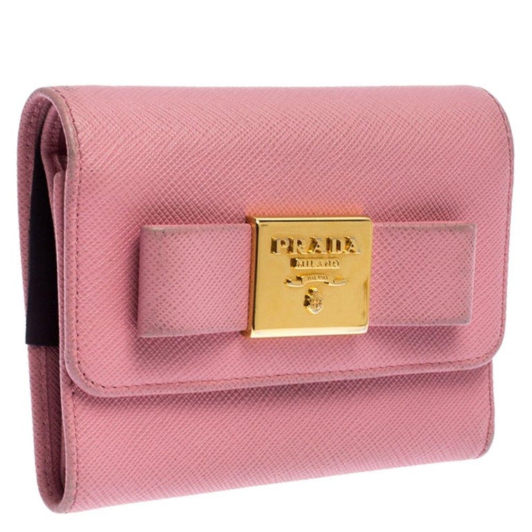 Prada Pink Saffiano Leather Bow Flap Trifold Wallet at 1stDibs | prada ...