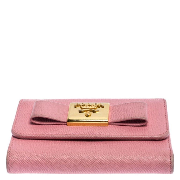 Prada Pink Saffiano Leather Bow Flap Trifold Wallet at 1stDibs