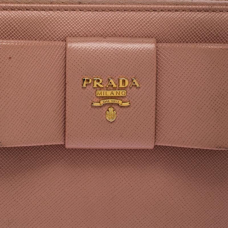 Prada Pink Saffiano Leather Bow Zip Around Wallet For Sale at 1stDibs