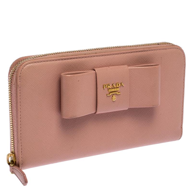 Prada Pink Saffiano Leather Bow Zip Around Wallet For Sale at 1stDibs