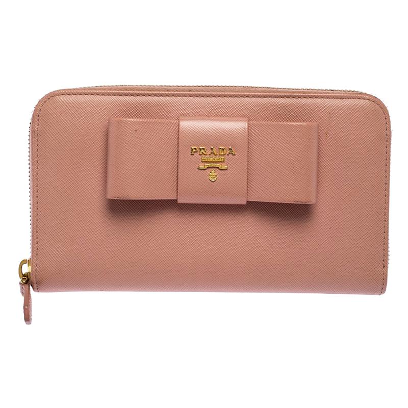 Prada Pink Saffiano Leather Bow Zip Around Wallet For Sale at 1stDibs