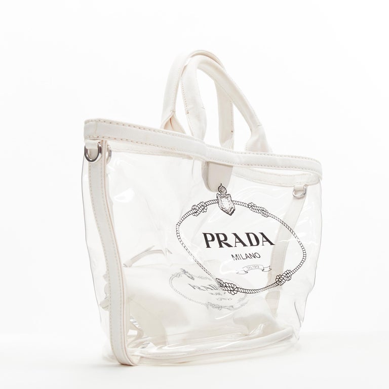 PRADA Plex logo print clear PVC white canvas trim shoulder tote bag For ...