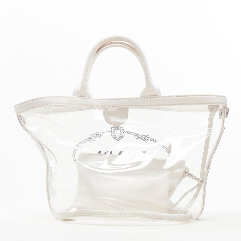 PRADA Plex logo print clear PVC white canvas trim shoulder tote bag For ...