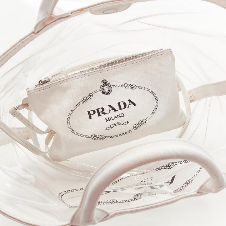 PRADA Plex logo print clear PVC white canvas trim shoulder tote bag For ...