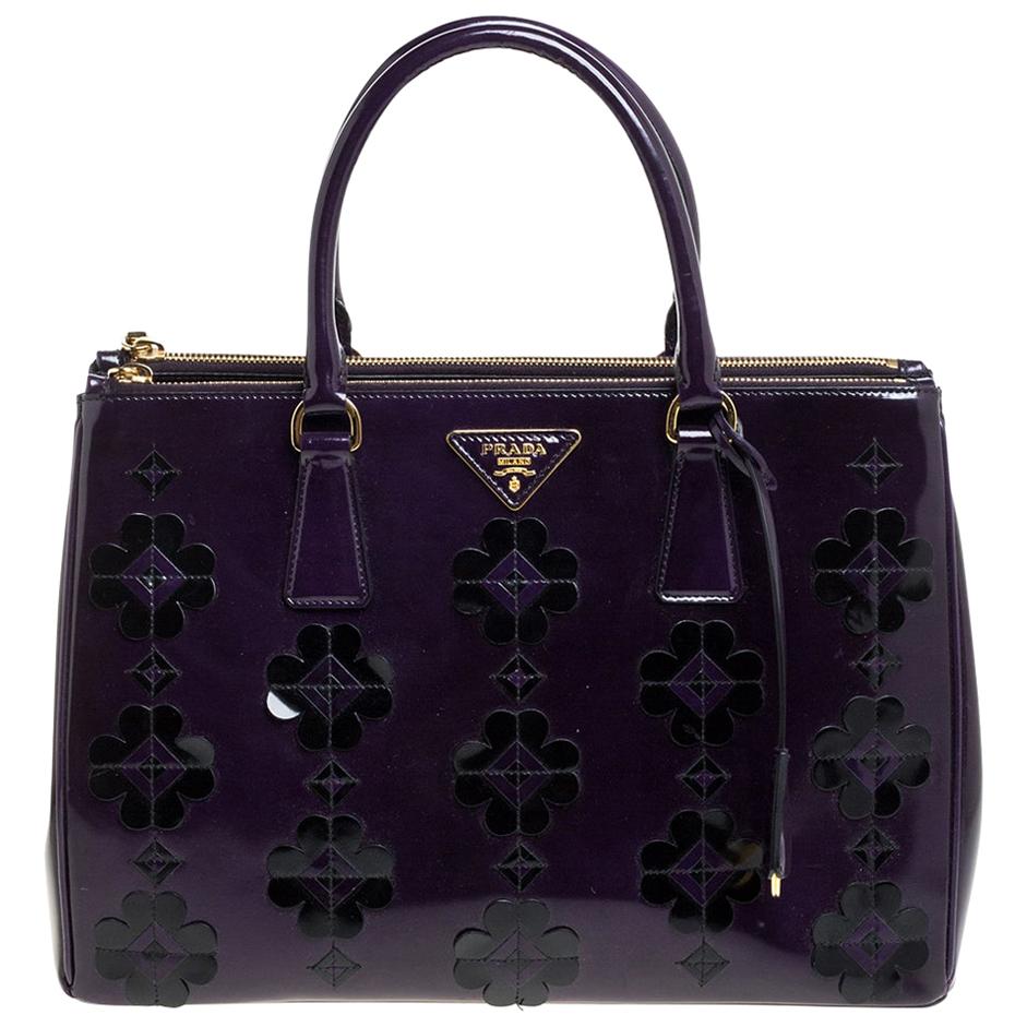Prada Plum Floral Applique Patent Leather Medium Double Zip Tote at 1stDibs