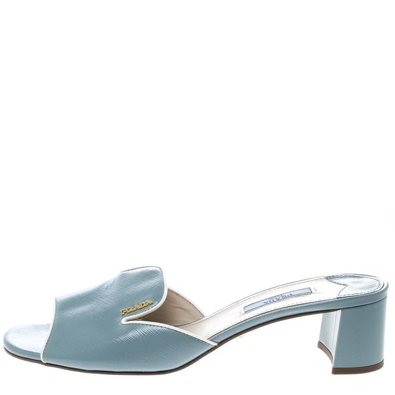 Prada Powder Blue Patent Saffiano Leather Block Heel Slides Size 39 For ...