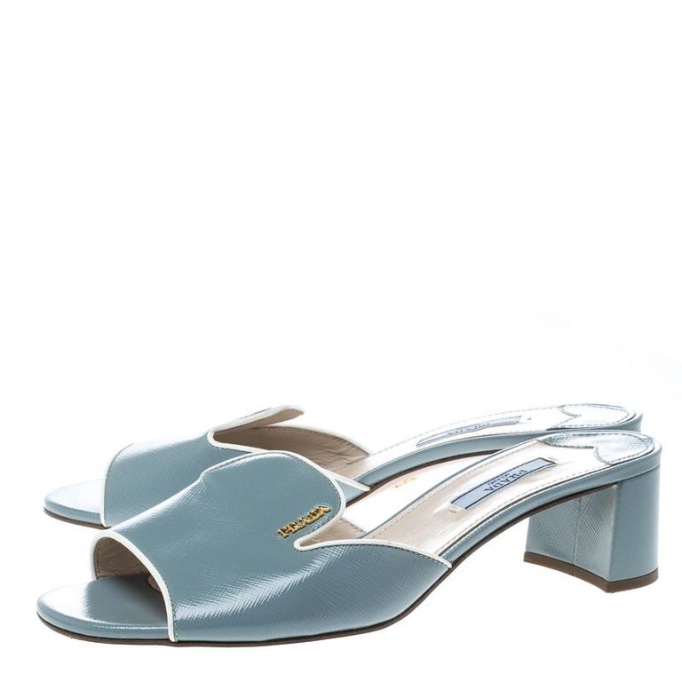 Prada Powder Blue Patent Saffiano Leather Block Heel Slides Size 39 For ...