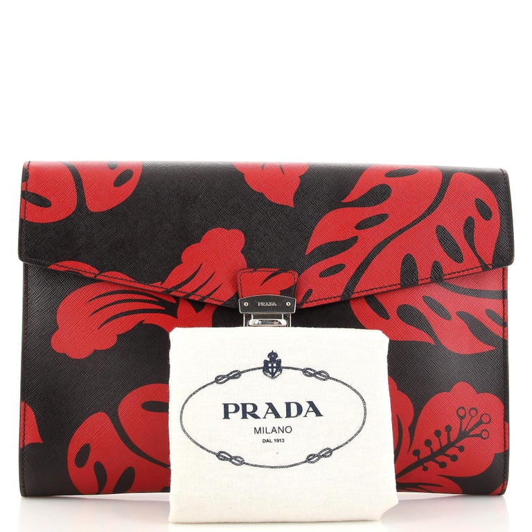 Prada Push Lock Portfolio Printed Saffiano Leather For Sale at 1stDibs