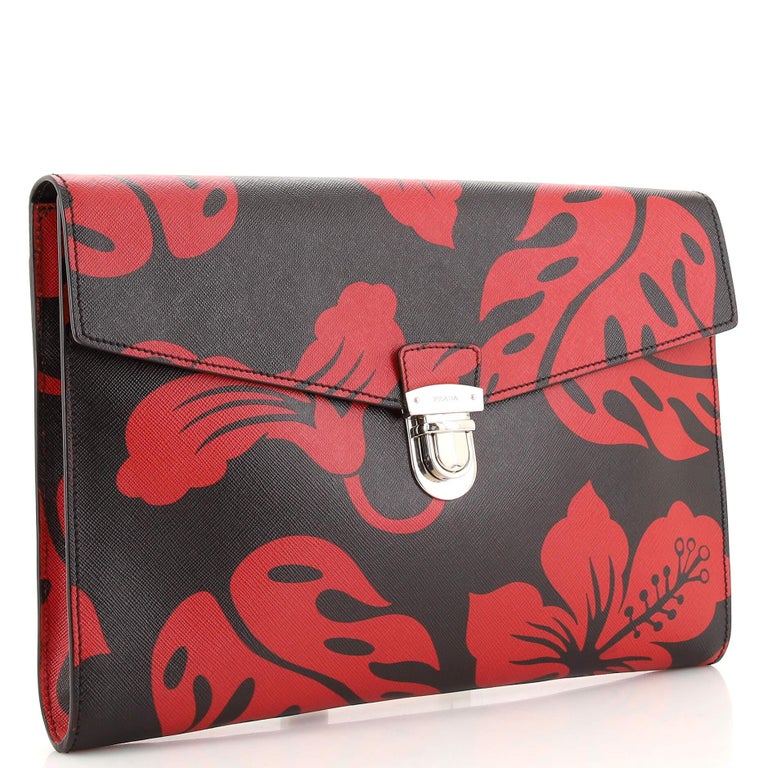 Prada Push Lock Portfolio Printed Saffiano Leather For Sale at 1stDibs