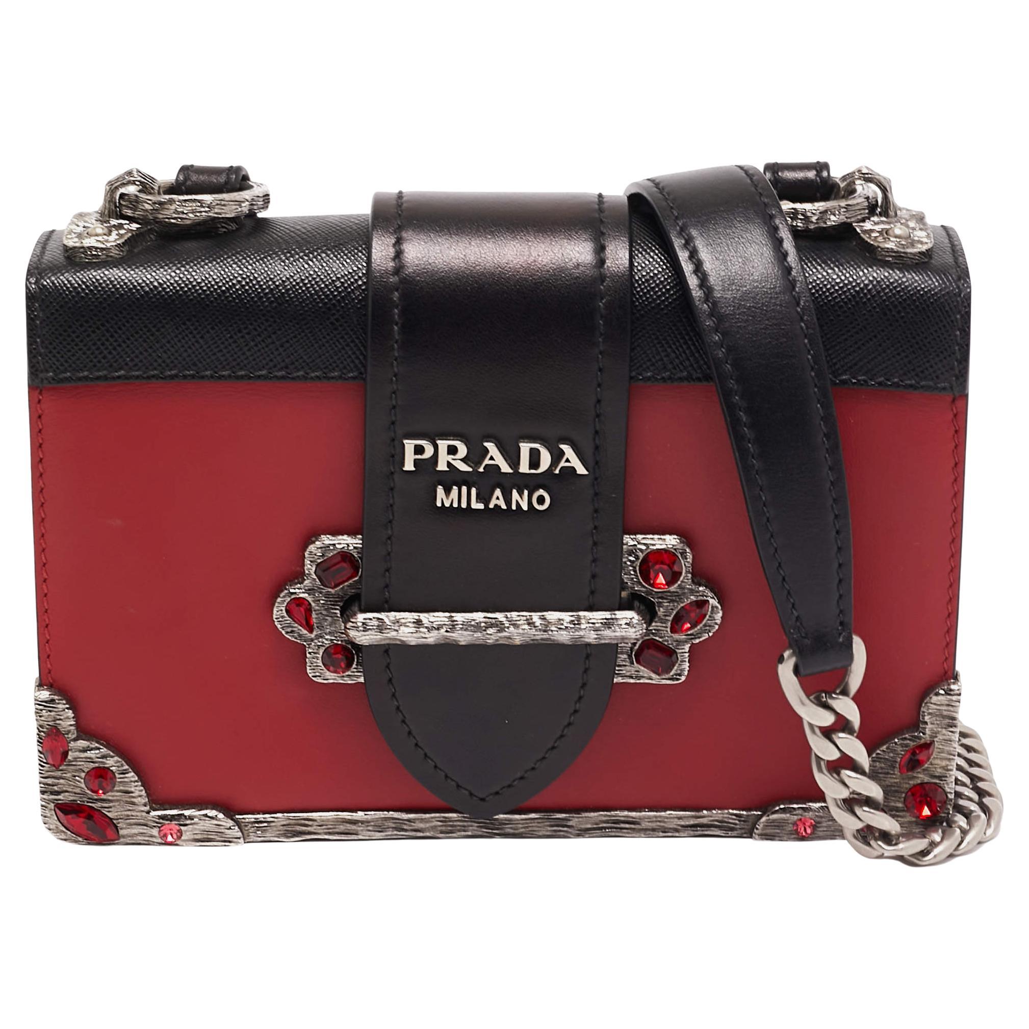 Prada Red/Black Leather Crystal Embellished Cahier Shoulder Bag For ...