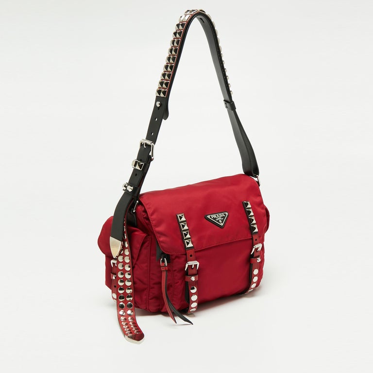 Prada Red/Black Nylon and Leather New Vela Studded Messenger Bag at 1stDibs