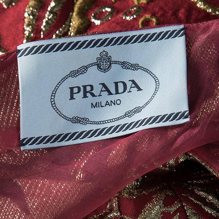 Prada Red Embossed Metallic Floral Jacquard Bow Detail Sleeveless Dress ...
