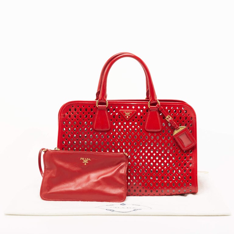 Prada Red Laser Cut Leather Fori Satchel For Sale at 1stDibs