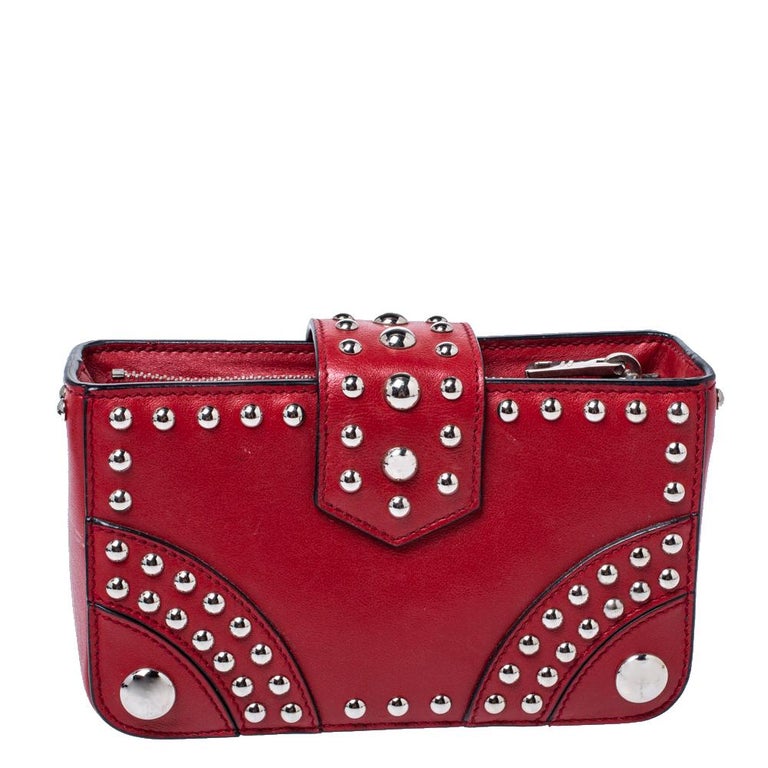 Prada Red Leather Studded Turnlock Clutch For Sale at 1stDibs