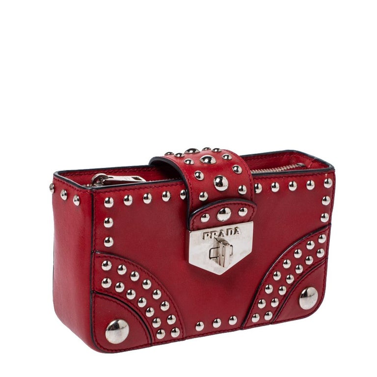 Prada Red Leather Studded Turnlock Clutch For Sale at 1stDibs