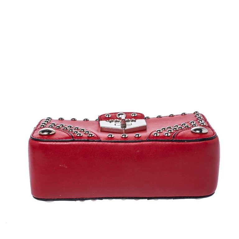 Prada Red Leather Studded Turnlock Clutch For Sale at 1stDibs
