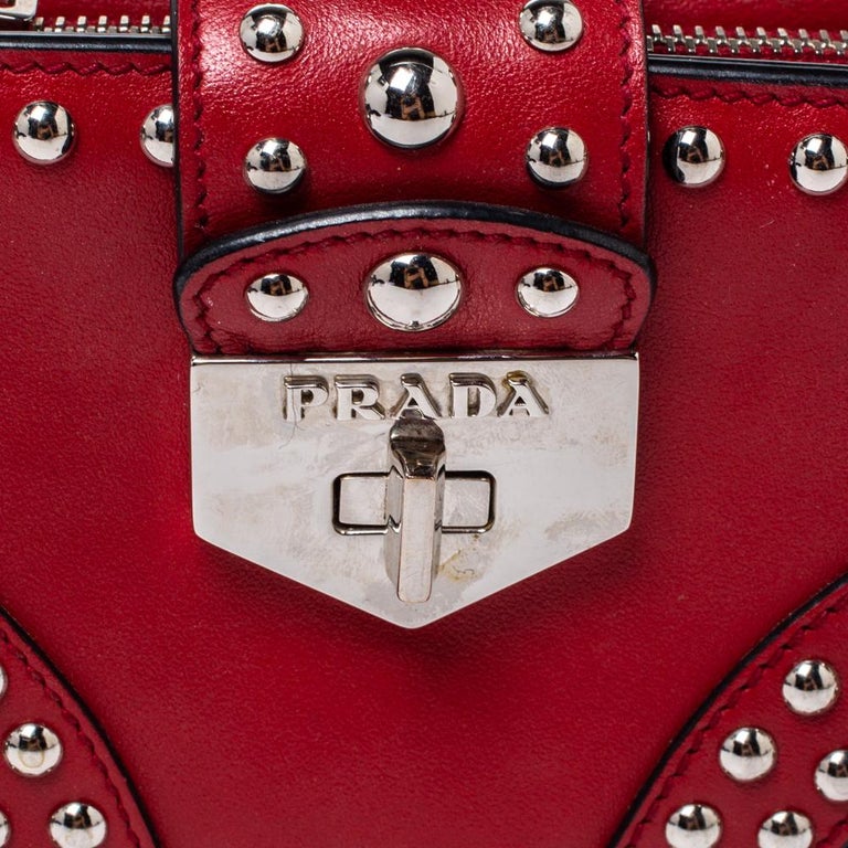 Prada Red Leather Studded Turnlock Clutch For Sale at 1stDibs