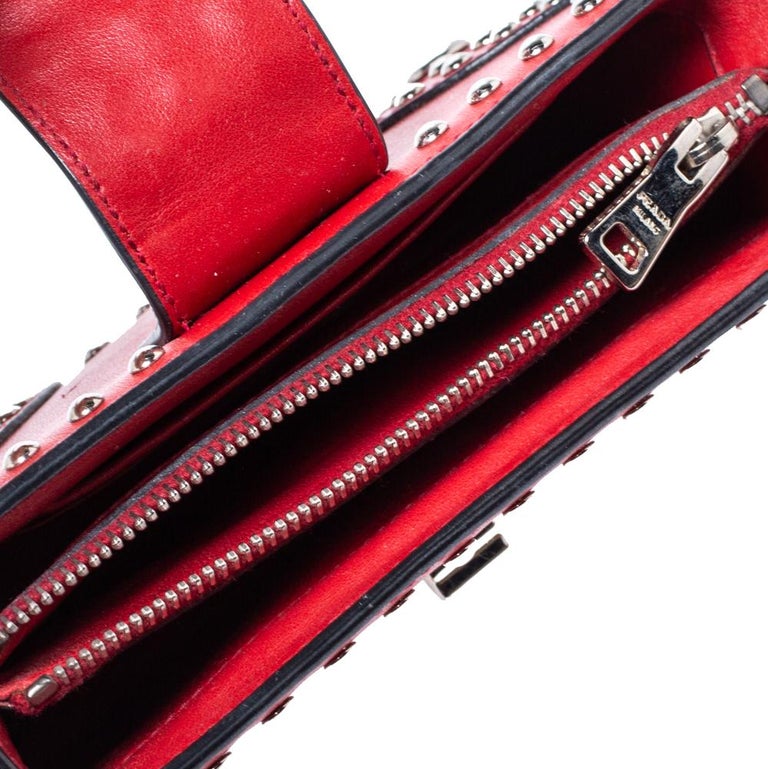 Prada Red Leather Studded Turnlock Clutch For Sale at 1stDibs
