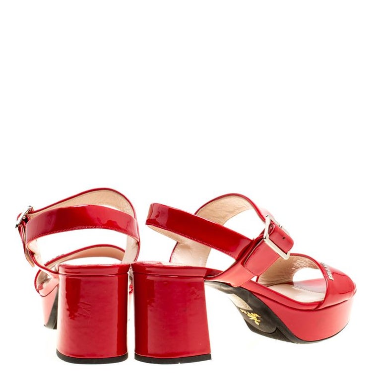 Prada Red Patent Leather Ankle Strap Block Heel Sandals Size 35 For ...