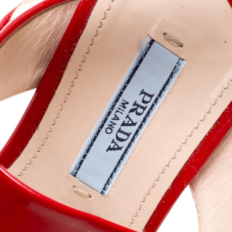 Prada Red Patent Leather Ankle Strap Block Heel Sandals Size 35 For ...