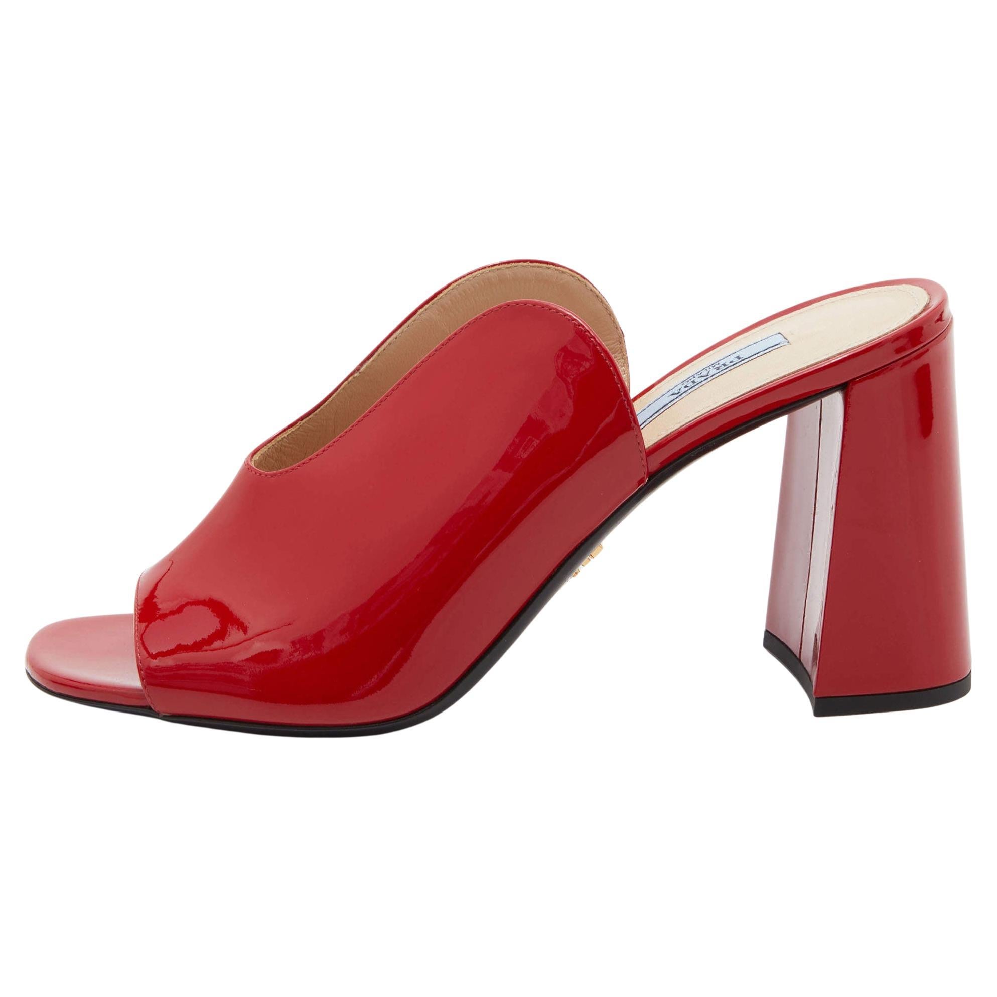 Prada Red Patent Leather Cut Out Mules Size 39.5 For Sale at 1stDibs