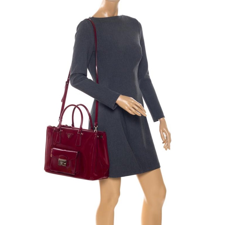 Prada Red Patent Leather Front Pocket Double Zip Lux Tote at 1stDibs