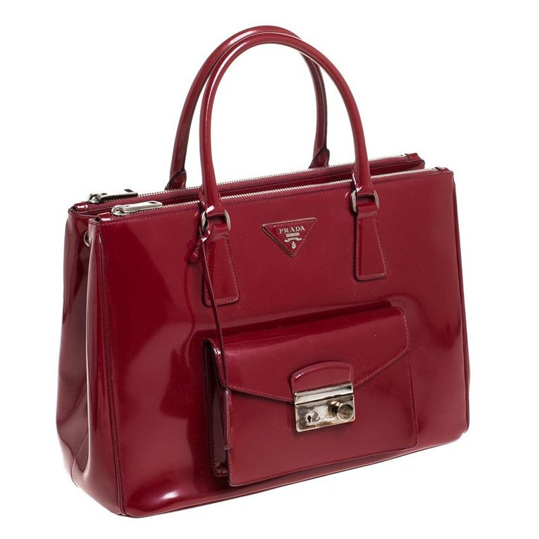 Prada Red Patent Leather Front Pocket Double Zip Lux Tote at 1stDibs