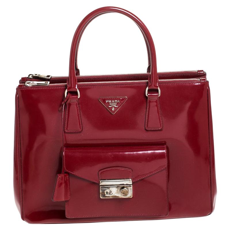 Prada Red Patent Leather Front Pocket Double Zip Lux Tote at 1stDibs