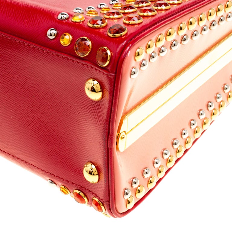 Prada Red Patent Leather Pyramid Frame Top Handle Bag For Sale at 1stDibs