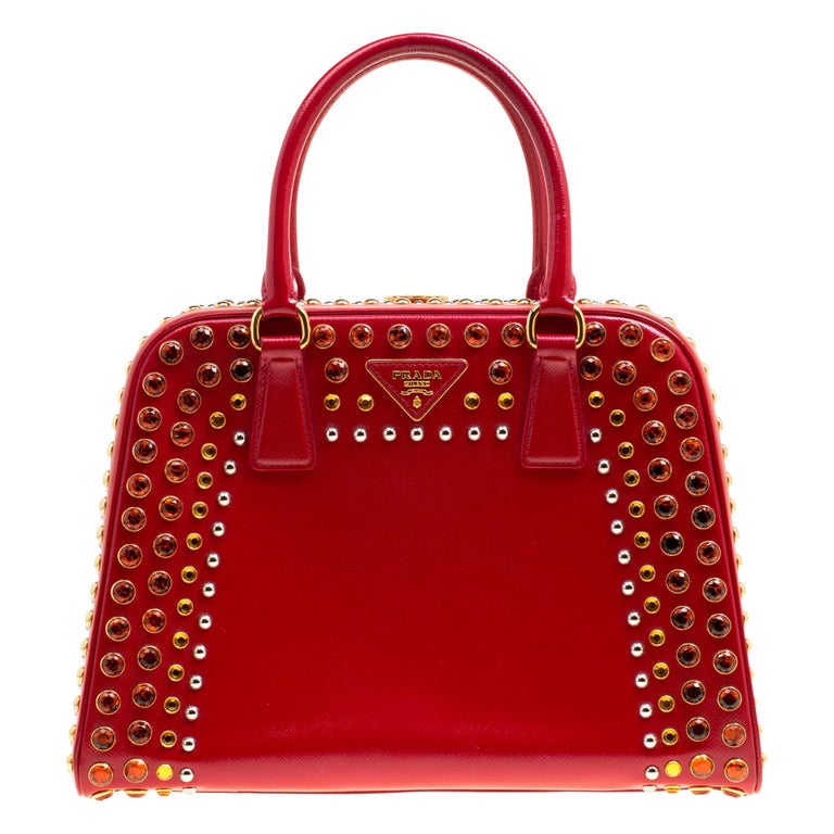 Prada Red Patent Leather Pyramid Frame Top Handle Bag For Sale at 1stDibs
